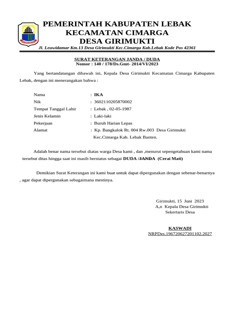 Surat Keterangan Janda | PDF