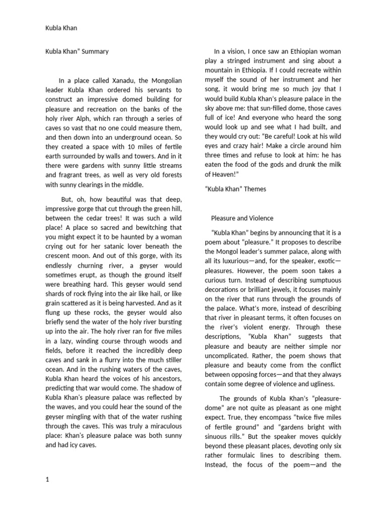Kubla Khan Detailed Summary and Analysis | PDF | Samuel Taylor Coleridge