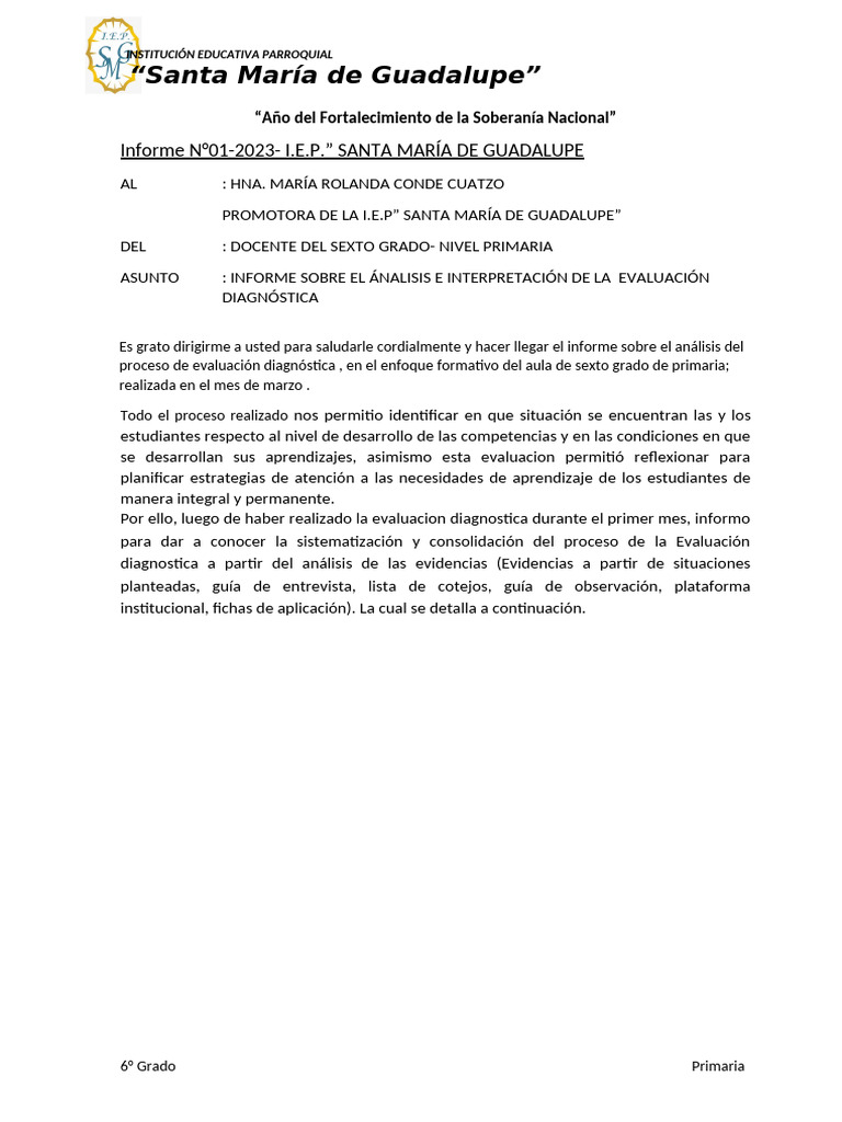 Informe Del Analisis De La Evaluacion Diagnostic6to Grado Pdf 7788