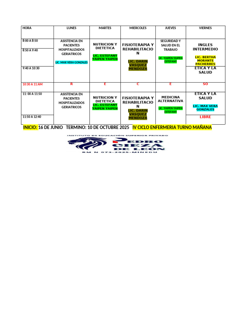 Horario Iv Enferm-Mañana | PDF