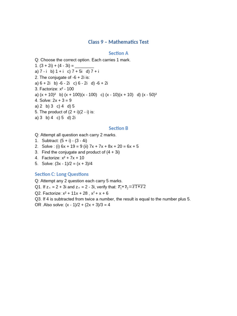Class 9 Math Test Sindh Board | PDF