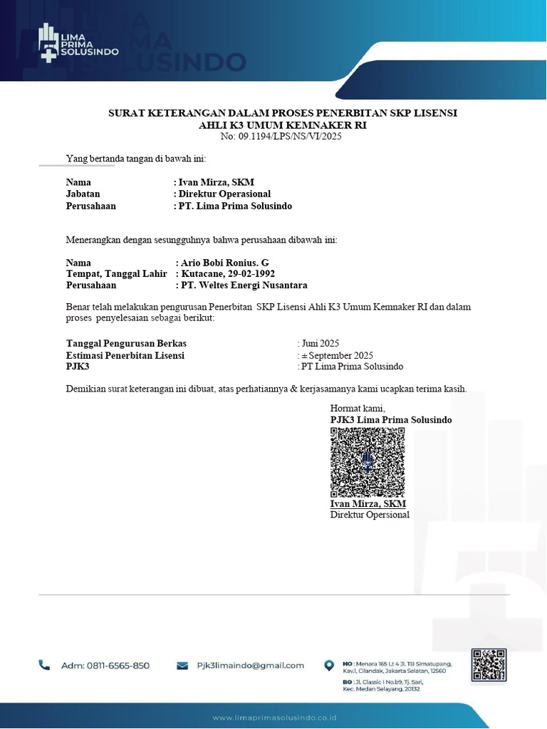 Ario Bobi_ Surat Keterangan Dalam Proses Penerbitan Skp Lisensi Ak3u Kemnaker Ri | PDF
