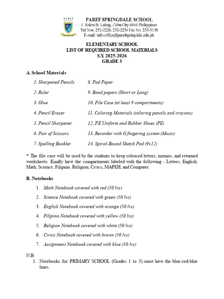 Grade 3 School Supplies List 2025-2026 | PDF | Conservation And ...