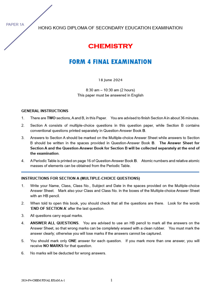 2023-2024-F4-DSE-CHEM Final Exam (A) 2023-2024 F4 Final Exam Section B ...