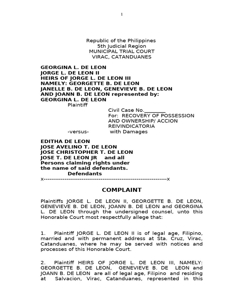 Accion Reinvidicatoria - Heirs of Jorge de Leon Final Nov 12 | PDF | Lawsuit | Complaint