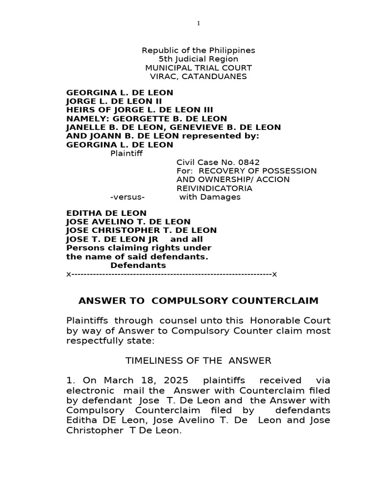 Answer To Compulsory Counter Claim - Heirs of George de Leon Jr..Revised 0002 | PDF | Affidavit ...