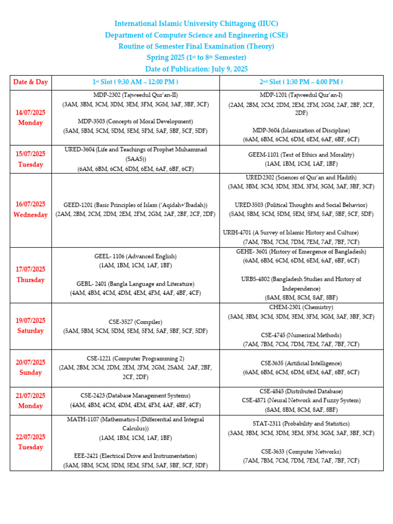 Spring 2025 - Final Exam Routine (Theory) - 09.08.25 | PDF | Applied Mathematics | Computing
