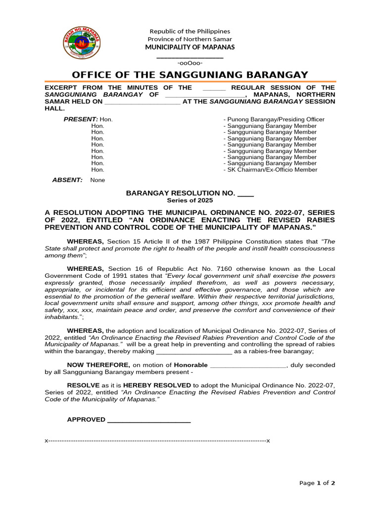 Draft Barangay Resolution Adopting Rabies Prevention and Control Code ...