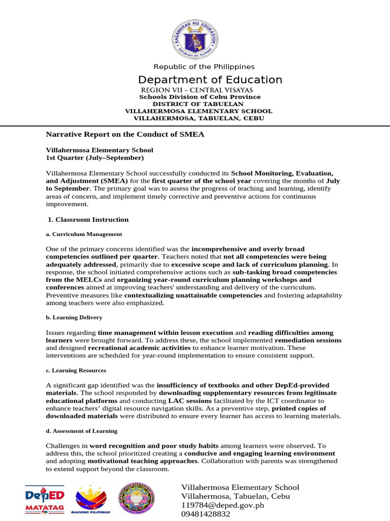 Narrative Report On The Conduct of SMEA | PDF | Learning | Teachers