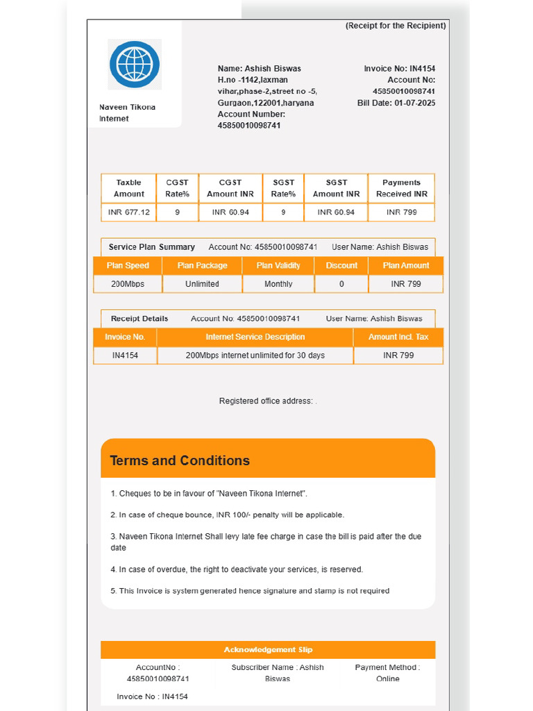 Internet Invoice July | PDF