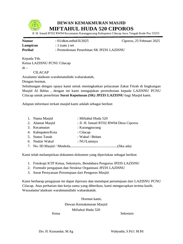 Permohonan Jpzis Lazisnu Masjid 2025 | PDF