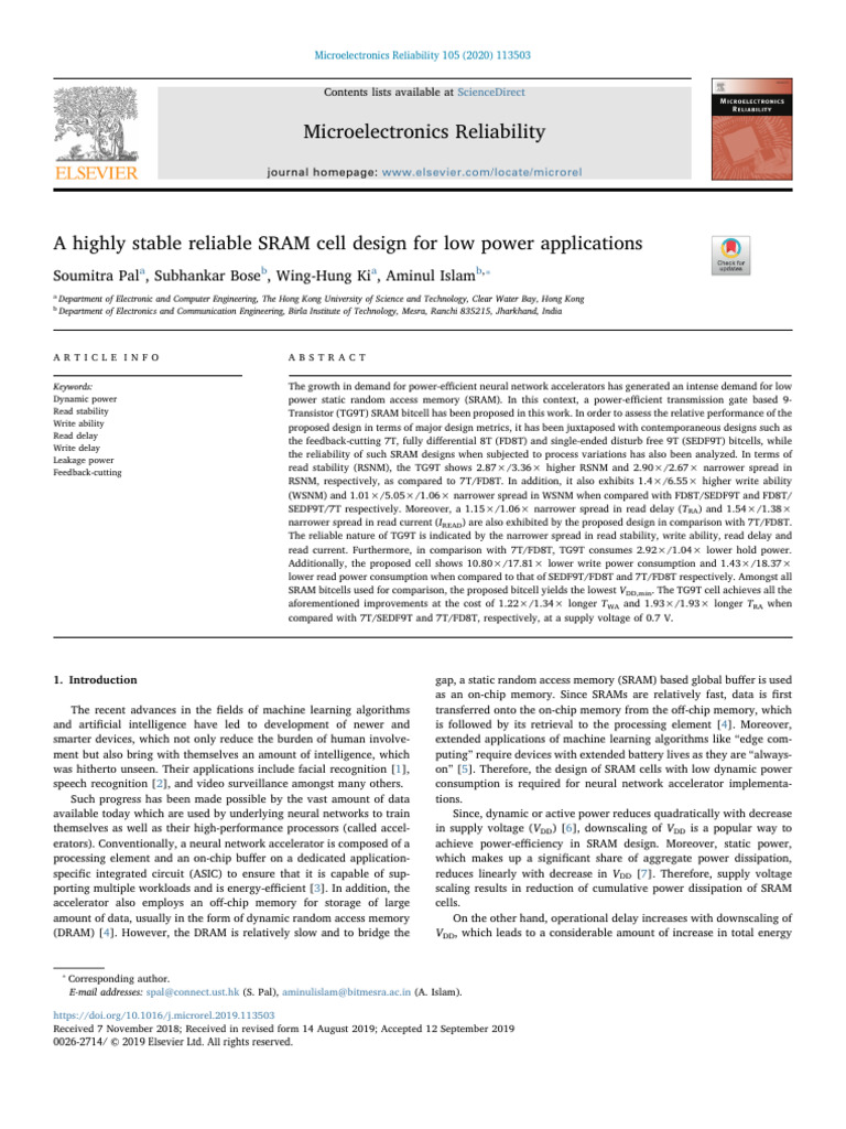 A Highly Stable Reliable SRAM Cell For Low Power Applications | PDF ...
