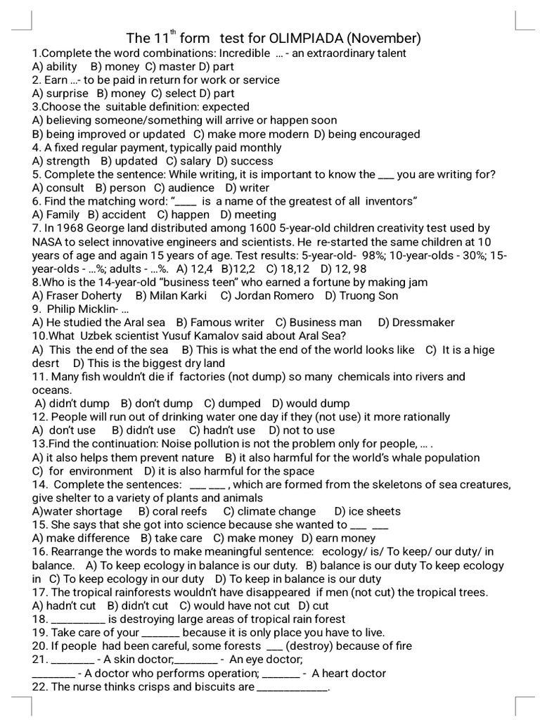 11th Form OLIMPIADA Test Questions | PDF | Rainforest | Ecology