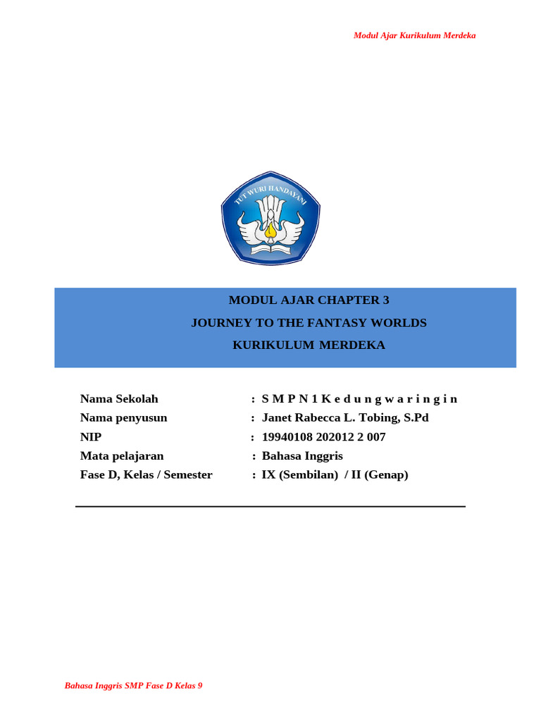 Modul Ajar Bing 9 Chapter 3 Journey To The Fantasy Worlds | PDF