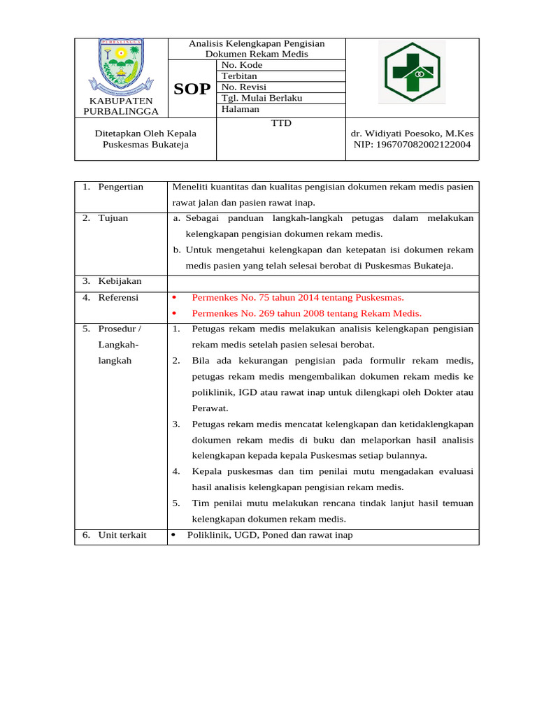 SPO (Fix) Kelengkapan Pengisian Dokumen Rekam Medis | PDF