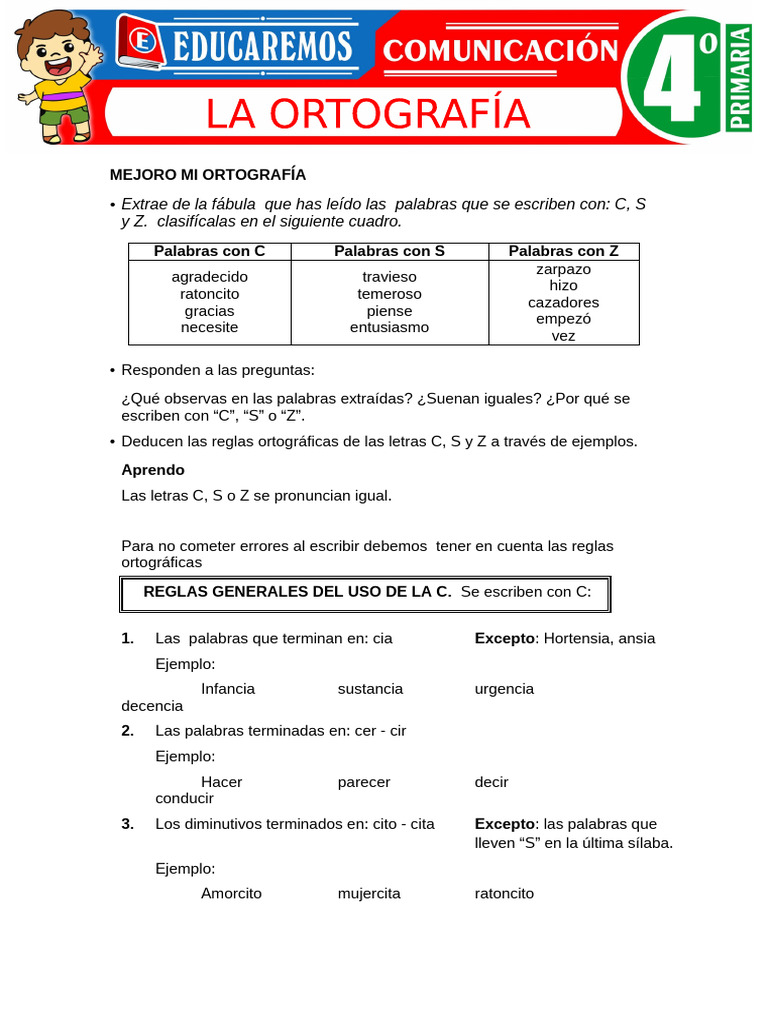 Ejercicios de Ortografía 4to Grado | PDF | Gramática | Tipología ...