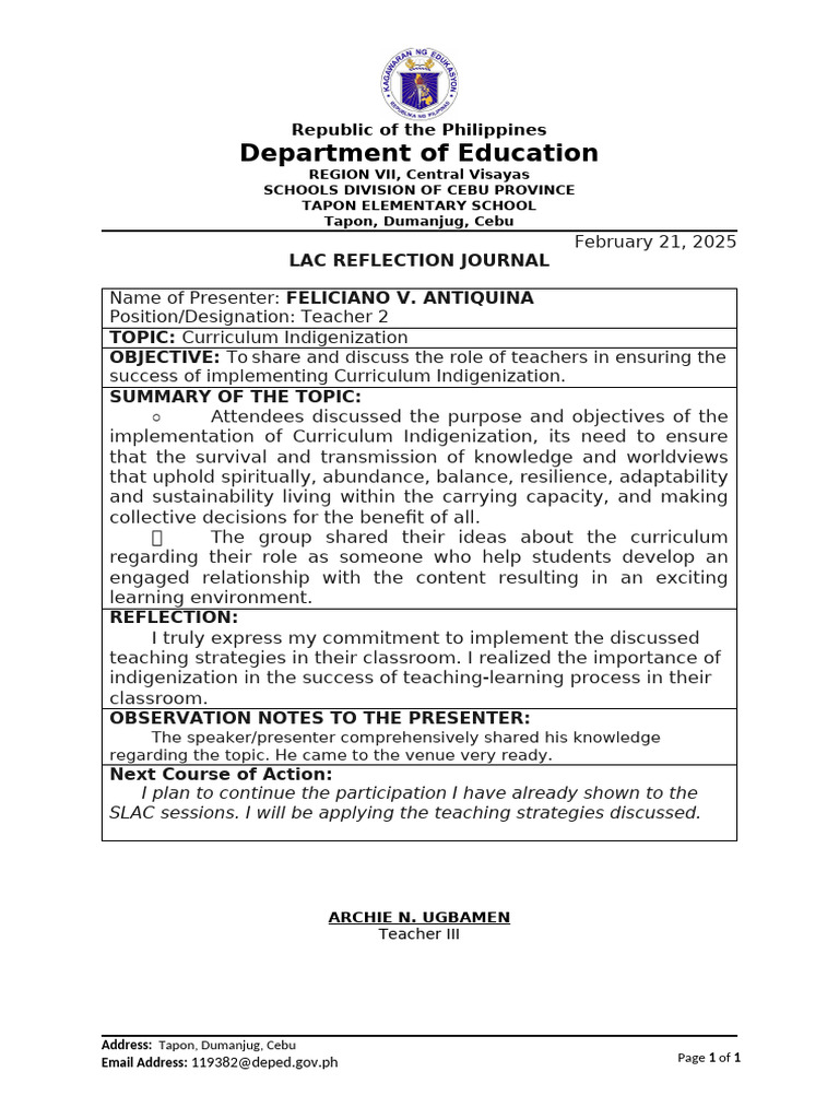 Lac Journal - Reflection 7 | PDF