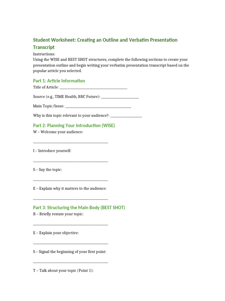 Student Presentation Outline Worksheet | PDF
