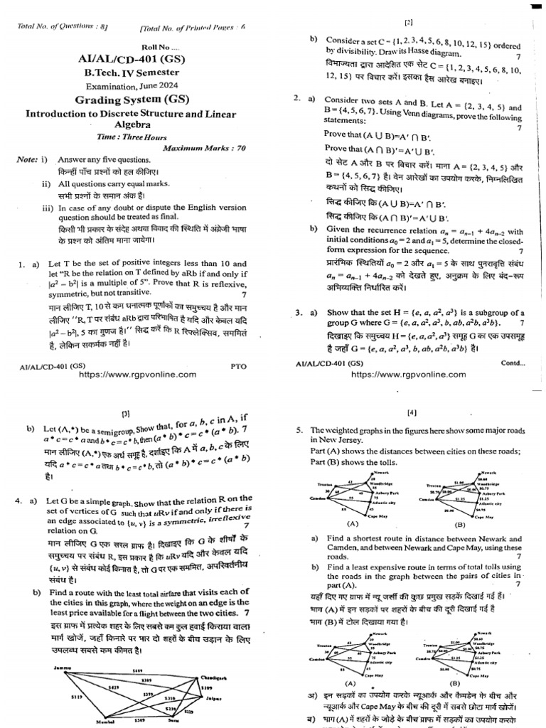 Ai Al CD 401 Introduction To Discrete Structure and Linear Algebra Jun 2024 | PDF