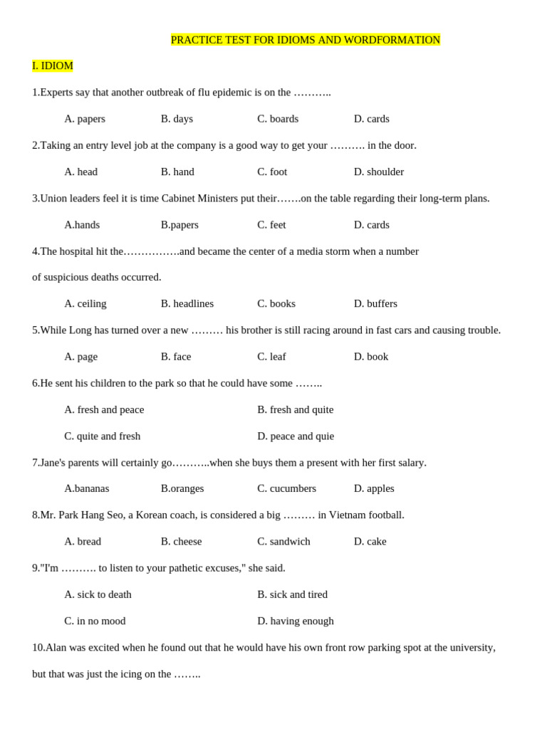 Idioms and Word Formation Practice Test | PDF