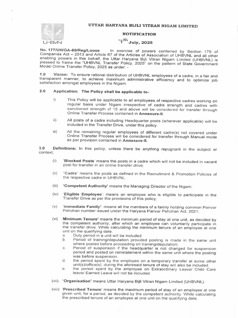 Online Transfer Policy of UHBVN-2025 | PDF