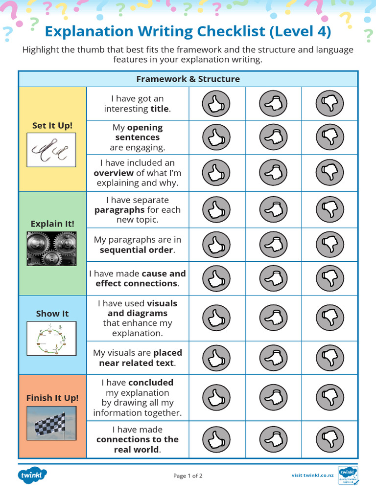 NZ L 1634260075 Level 4 Explanation Writing Student Checklist Ver 2 | PDF | Phrase | Verb