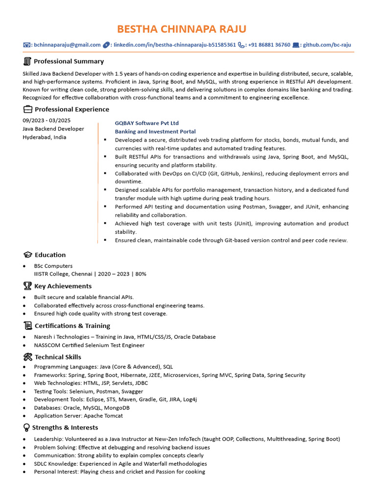 BESTHA_CHINNAPA_RAJU_JAVA_1.5EX_RESUME | PDF | Java (Programming Language) | My Sql