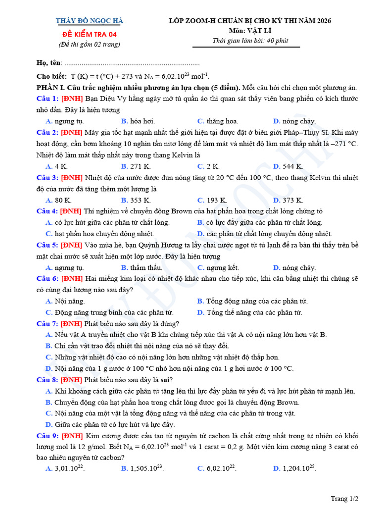 Đề Kiểm Tra 04 Zoom-H 2K8 2025-2026 | PDF