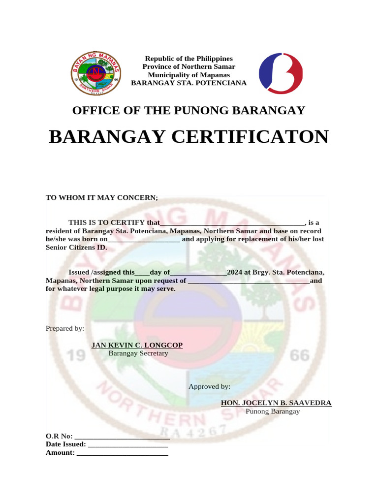 Barangay Certification for Lost ID | PDF