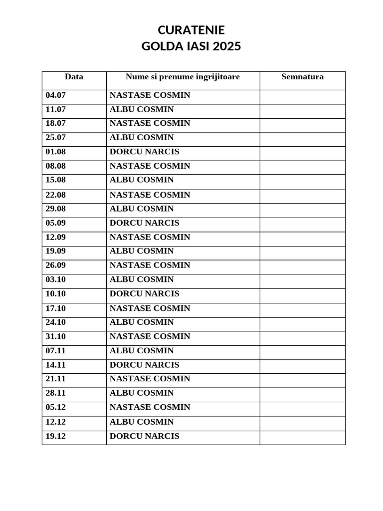 Grafic de Curatenie | PDF