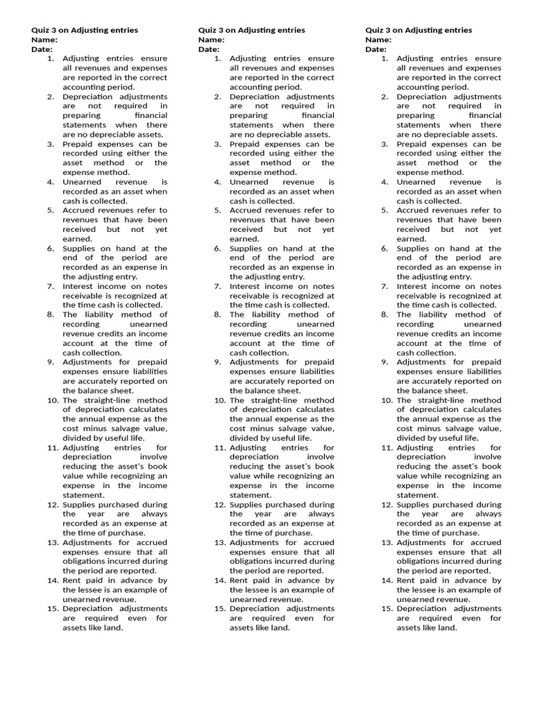 Quiz On Adjusting Entries | PDF | Depreciation | Expense