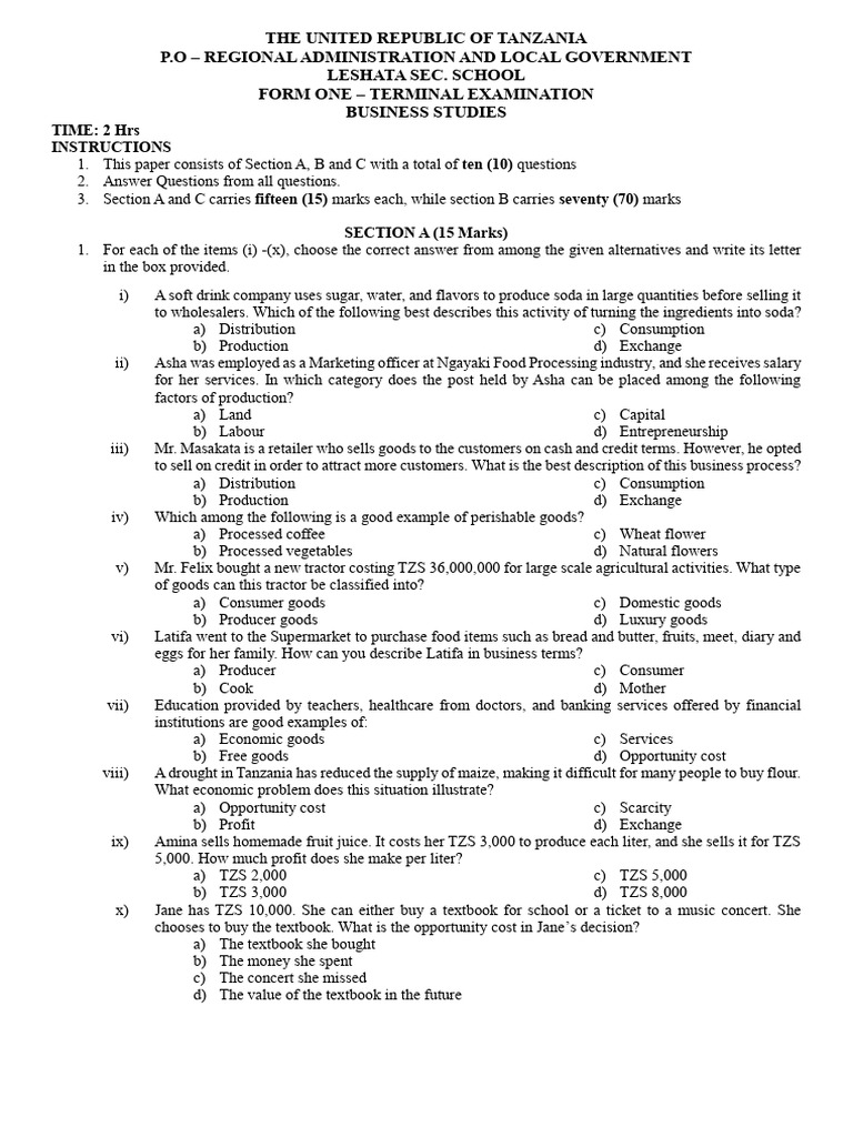 Form One Business Studies Exam Paper | PDF | Goods | Food Industry