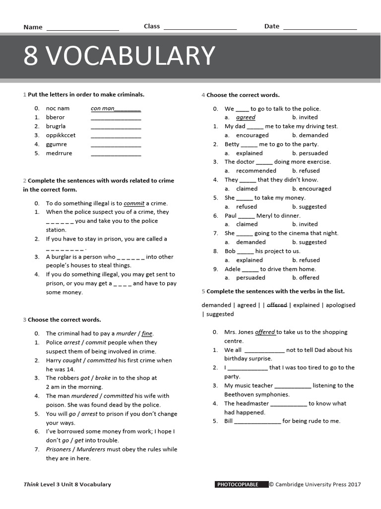 THINK L3 Unit 8 Vocabulary | PDF | Criminal Justice | Crime & Violence