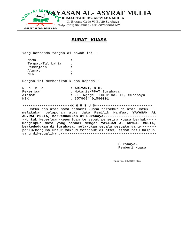 Surat Kuasa Yayasan Al-Asyraf Mulia | PDF