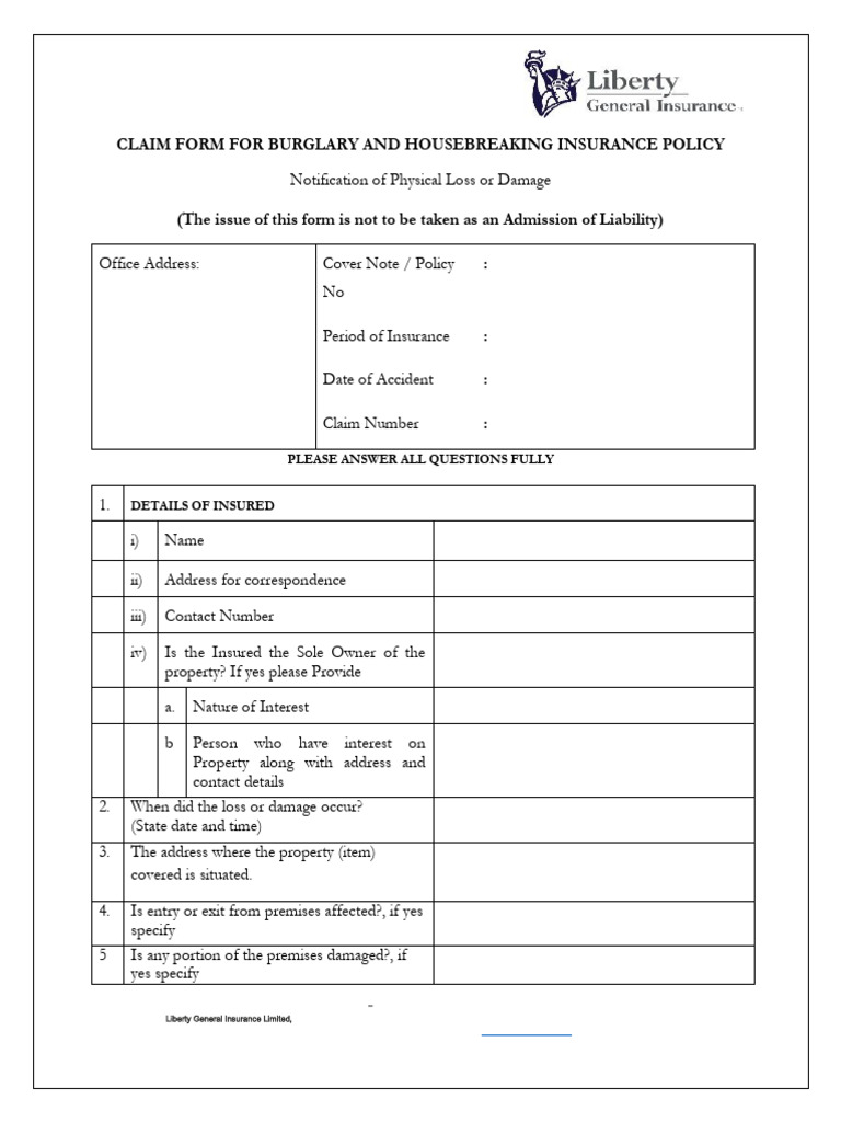 Burglary and Housebreaking Insurance Policy - Claim Form | PDF ...