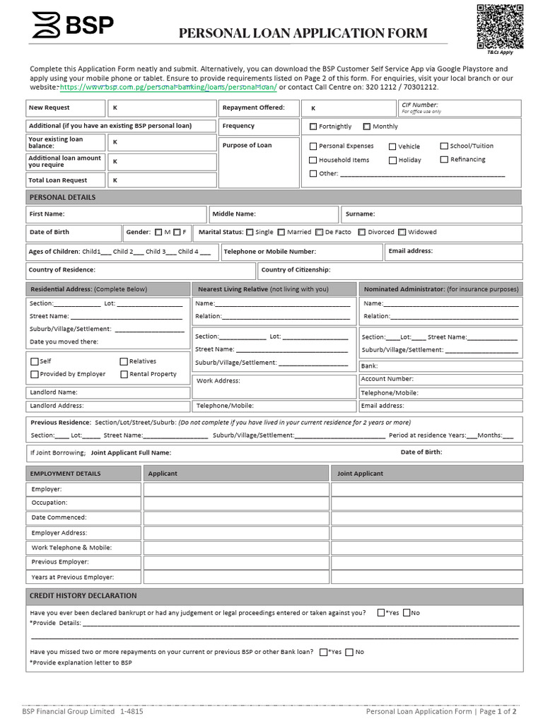 BSP PNG Personal Loan Application Form Updated | PDF | Loans | Banks