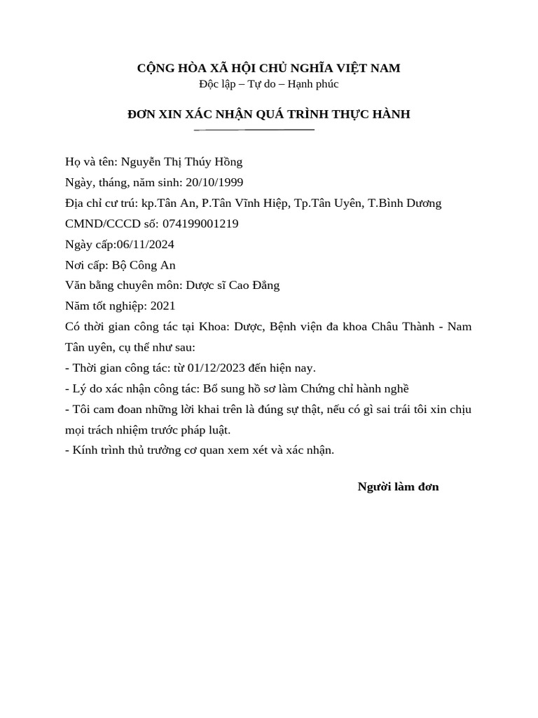 Đơn Xin Xác Nhận Quá Trình Thực Hành, Nhân Viên Làm CCHN | PDF