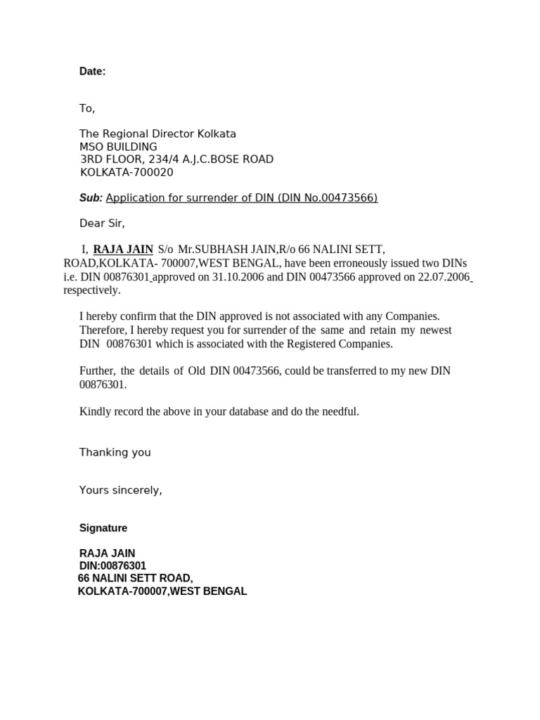 Format of Application For Surrender of DIN and Affidavit | PDF