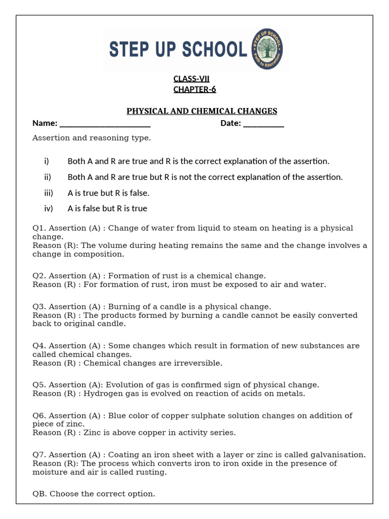 CH 6 Physical&Chemical Changes Ws1 | PDF | Chemical Reactions | Rust