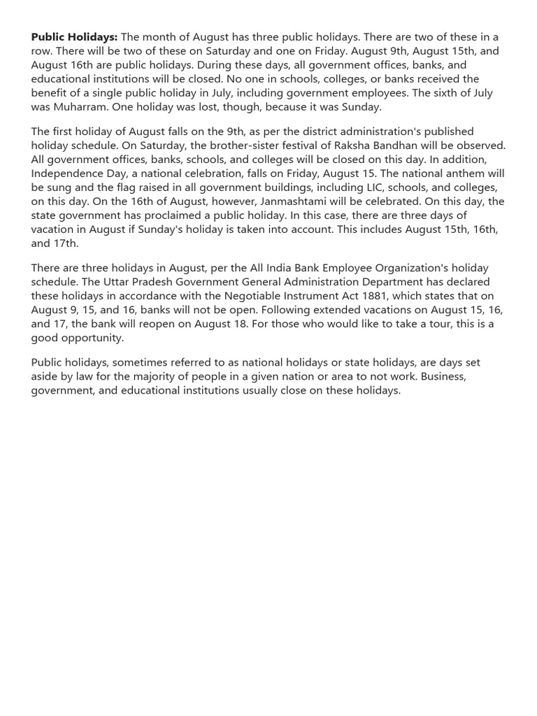 August 2023 Public Holidays Overview | PDF