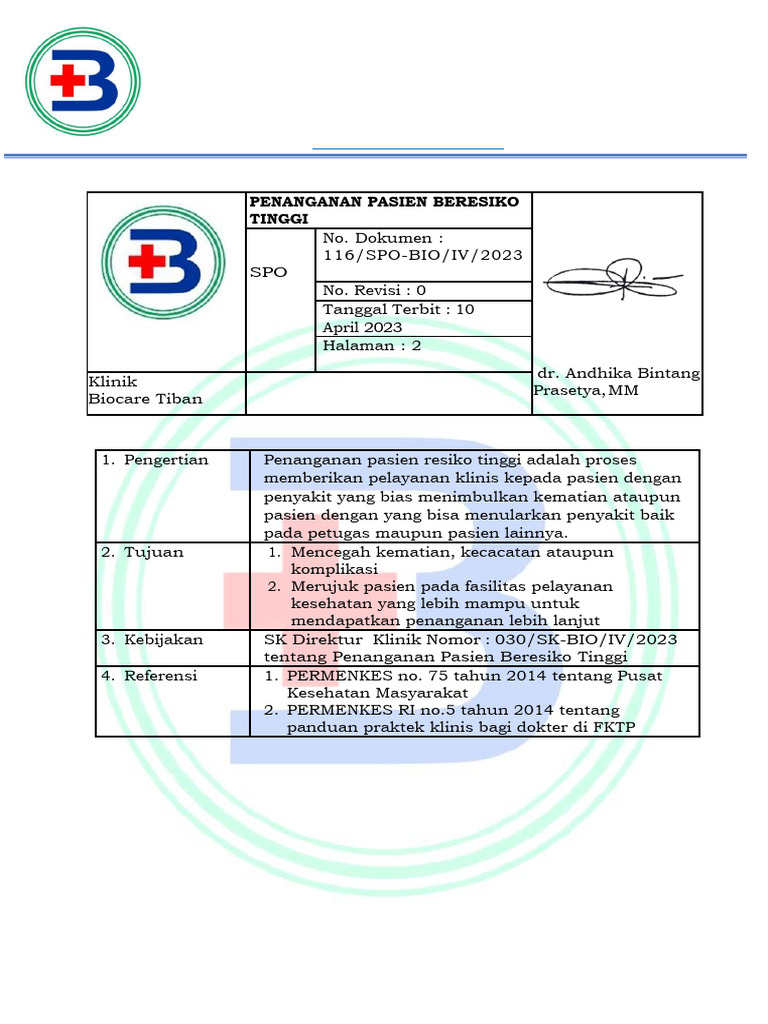 Spo Penanganan Pasien Beresiko Tinggi Tiban | PDF