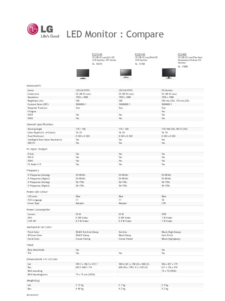 Compare LG 23" LED Monitors | PDF