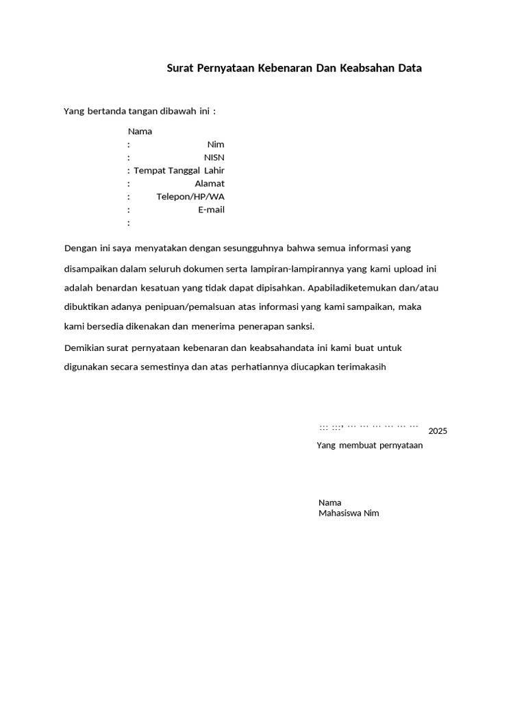 Surat Keabsahan Data | PDF