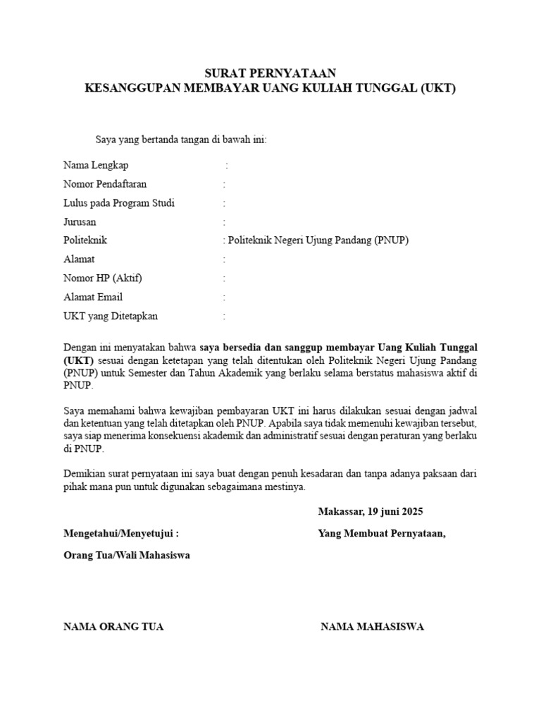 Formulir Surat Pernyataan Kesanggupan Membayar UKT | PDF