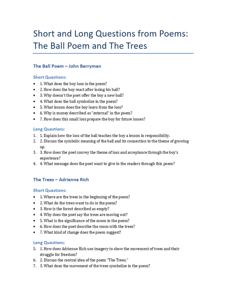The Ball Poem and The Trees - Questions | PDF