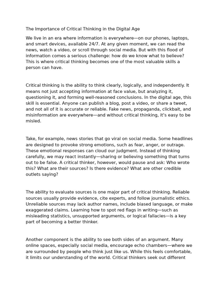 The Importance of Critical Thinking in The Digital Age | PDF | Critical ...