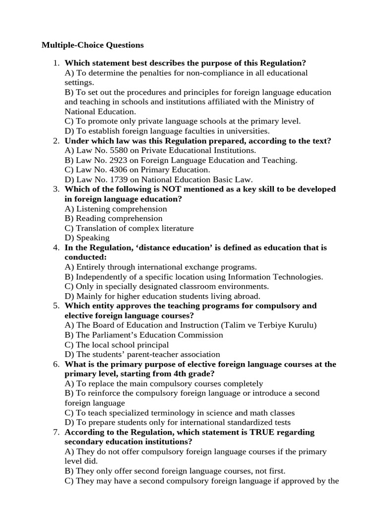 Multiple Choice Students | PDF | Language Education | Foreign Language