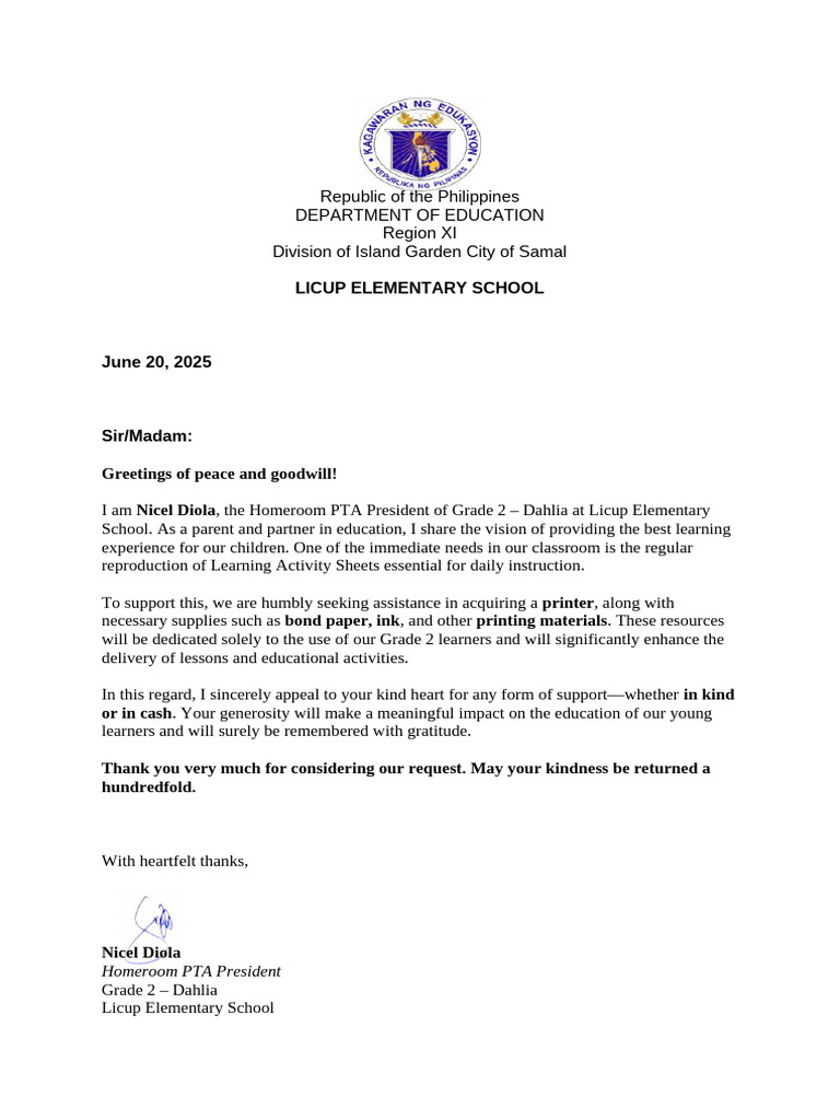 Request for Printer Support for Grade 2 | PDF