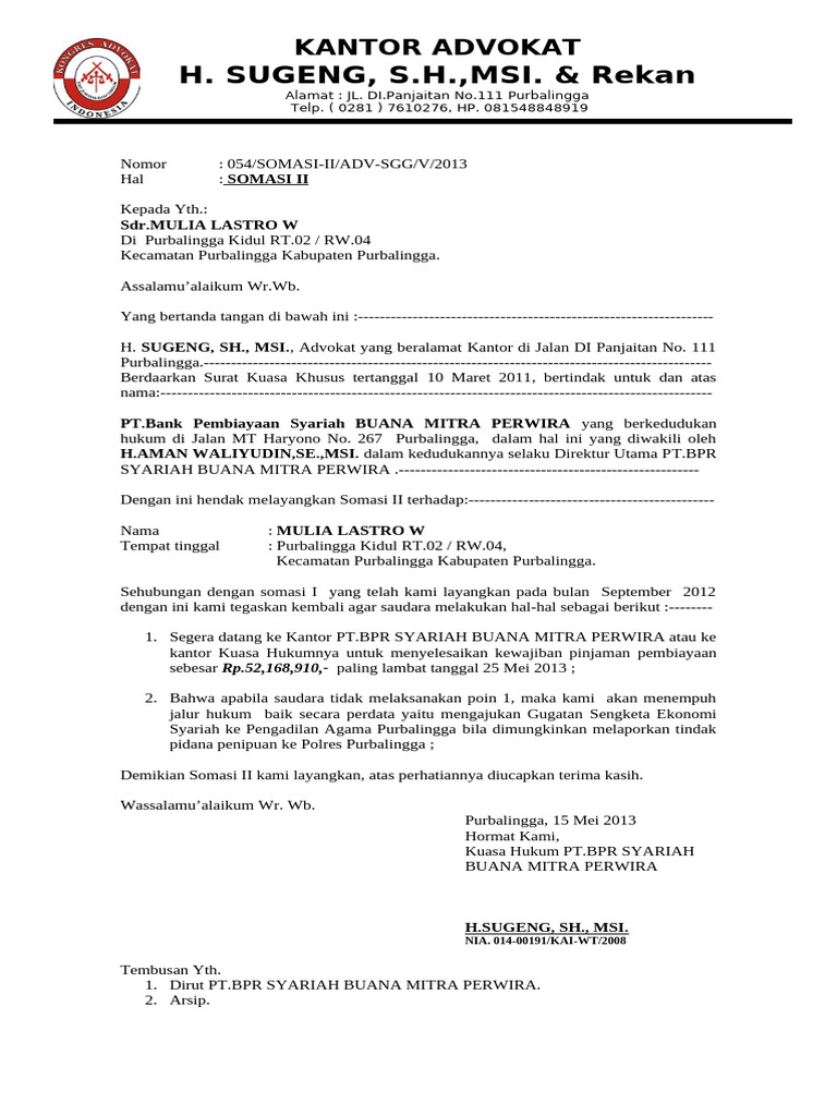 Somasi II PT BPR Syariah Buana Mitra | PDF