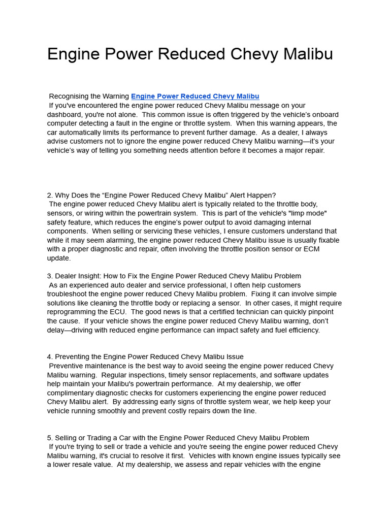 Engine Power Reduced Chevy Malibu | PDF | Throttle | Chevrolet